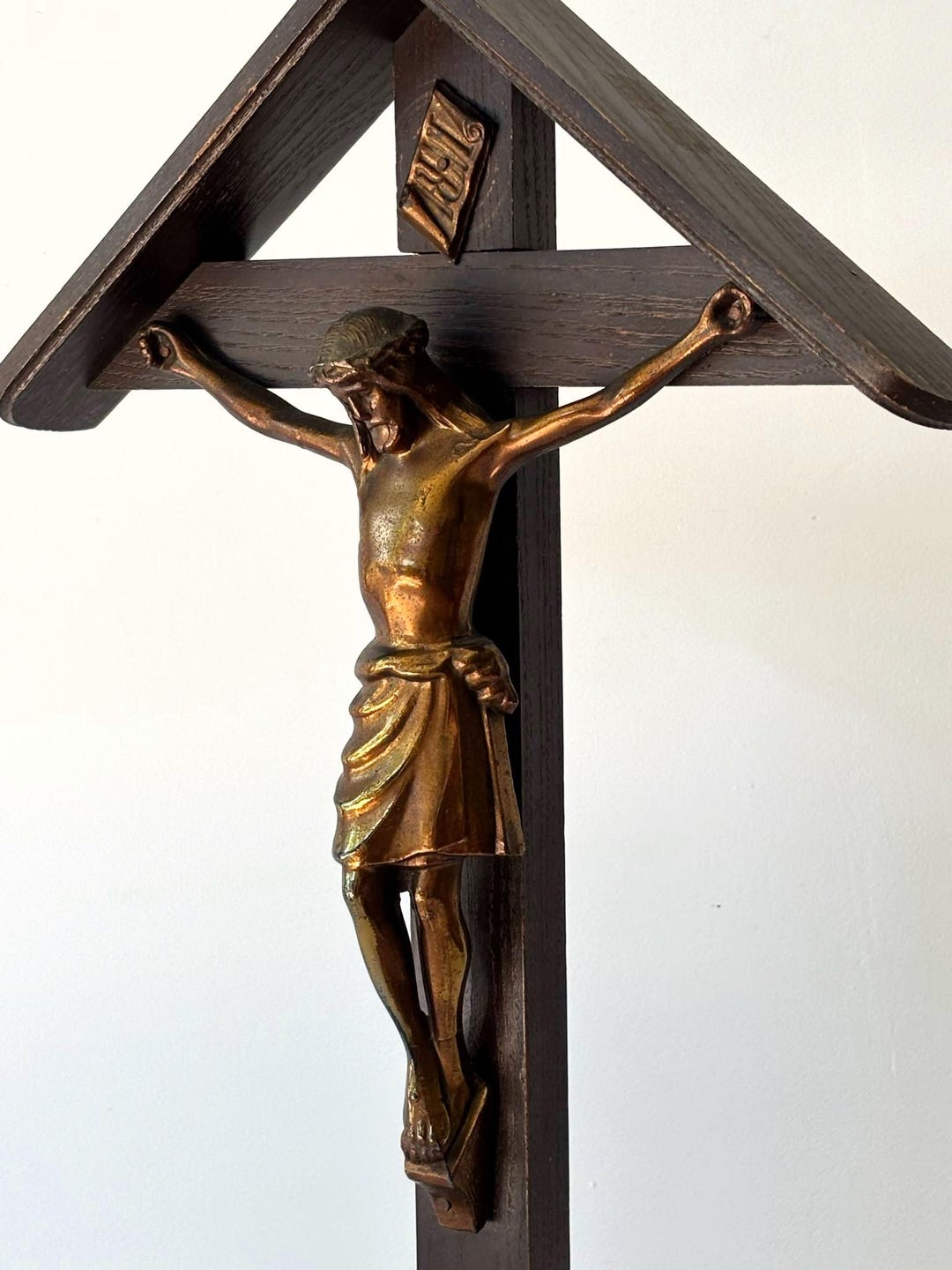 Vintage Wooden Crucifix With a Base and Golden Details, Jesus Christ ...