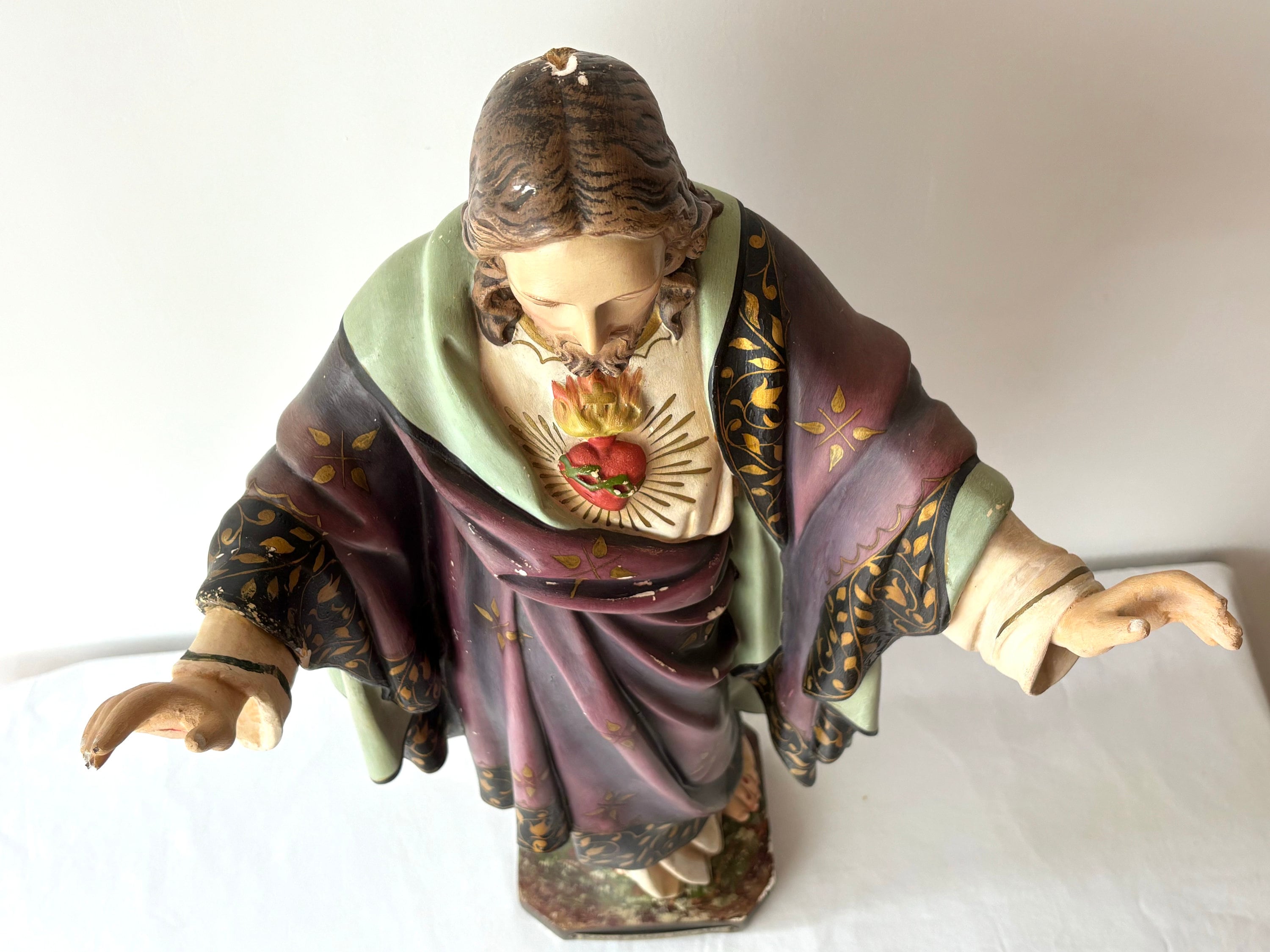 Beautiful Large Statue Jesus Sacred Heart, Polychrome Religious Jesus ...
