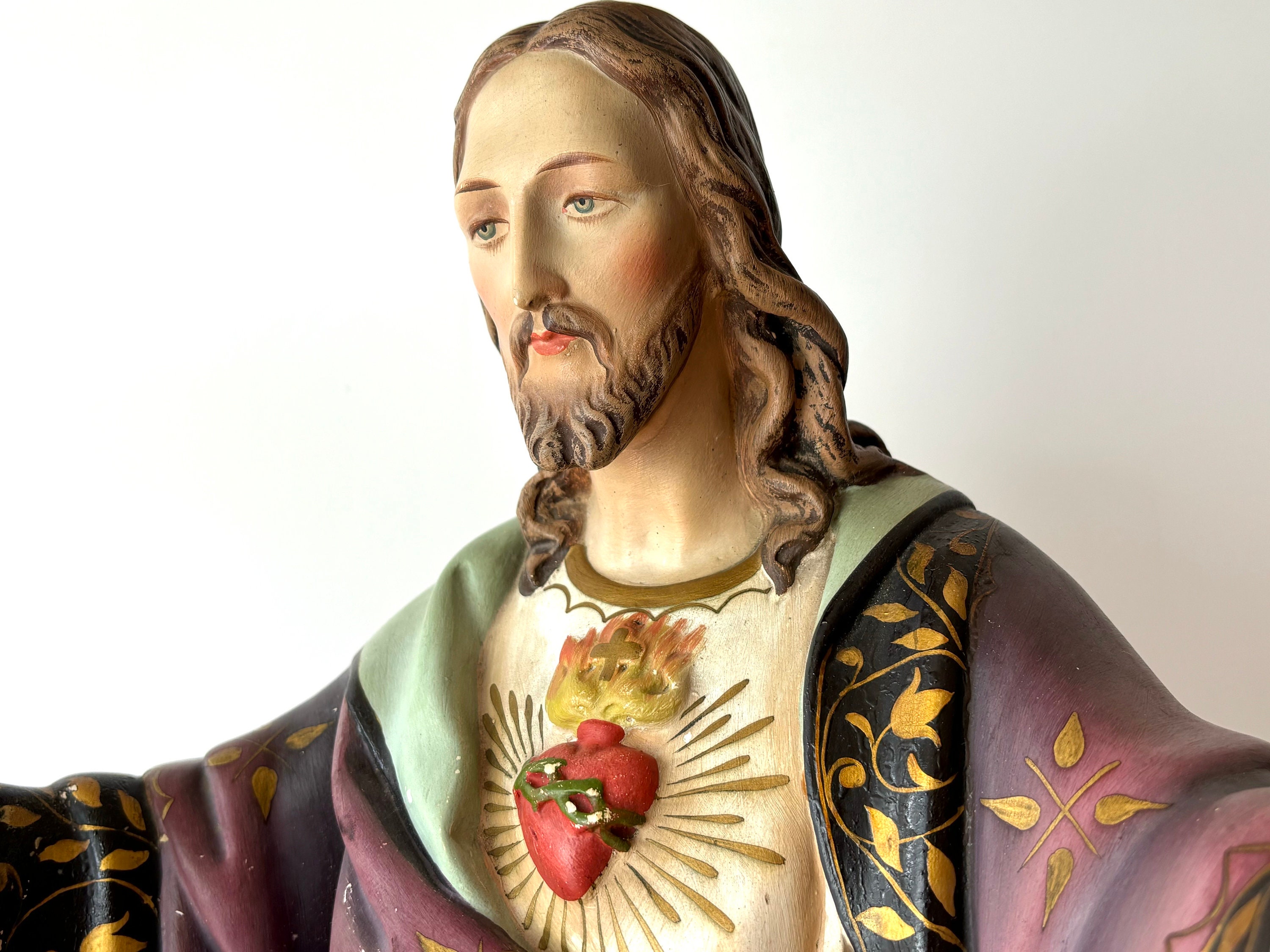 Beautiful Large Statue Jesus Sacred Heart, Polychrome Religious Jesus ...