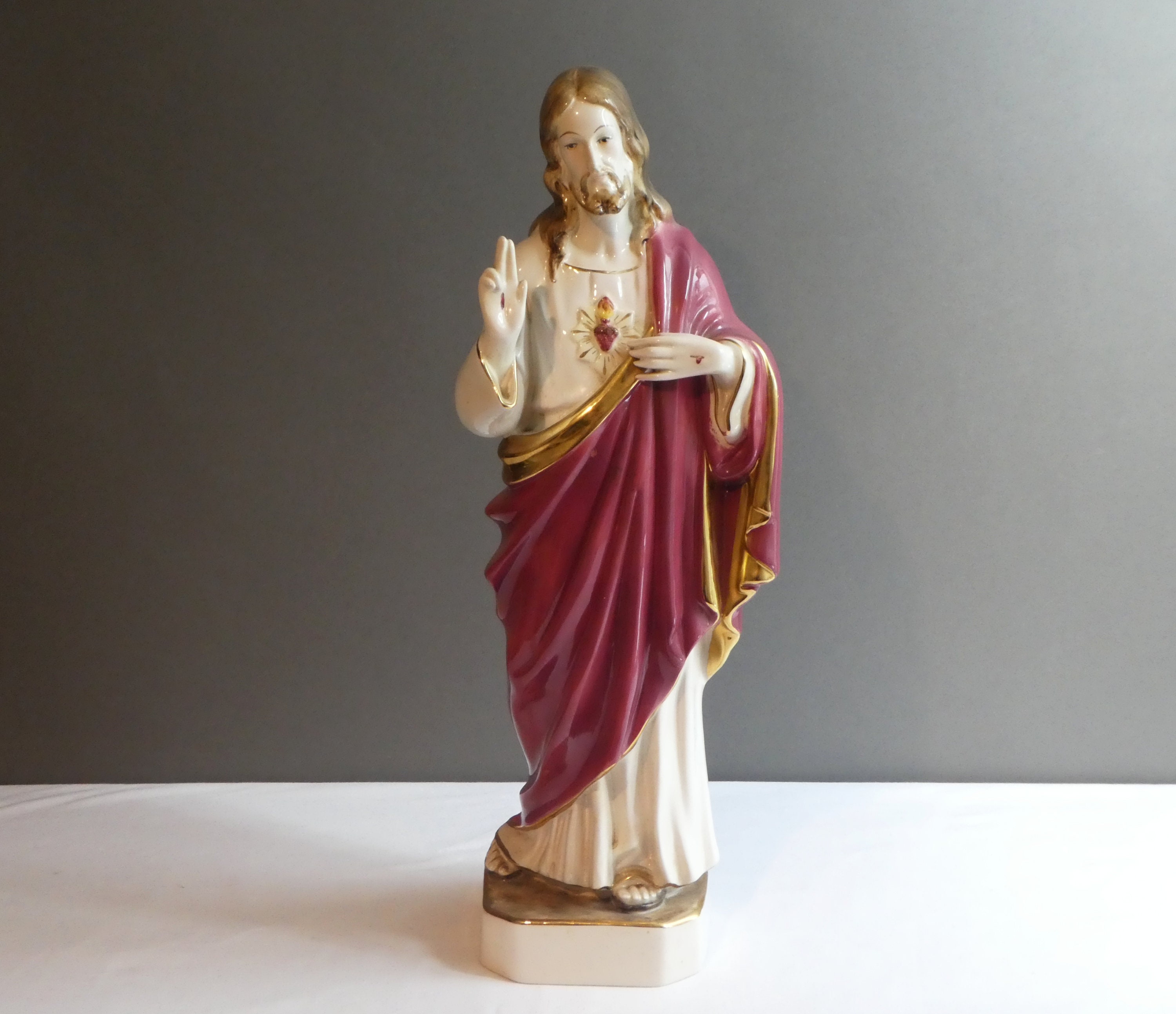 Porcelain Glazed Jesus Sacred Heart Signed Religious Statue, 1960's ...