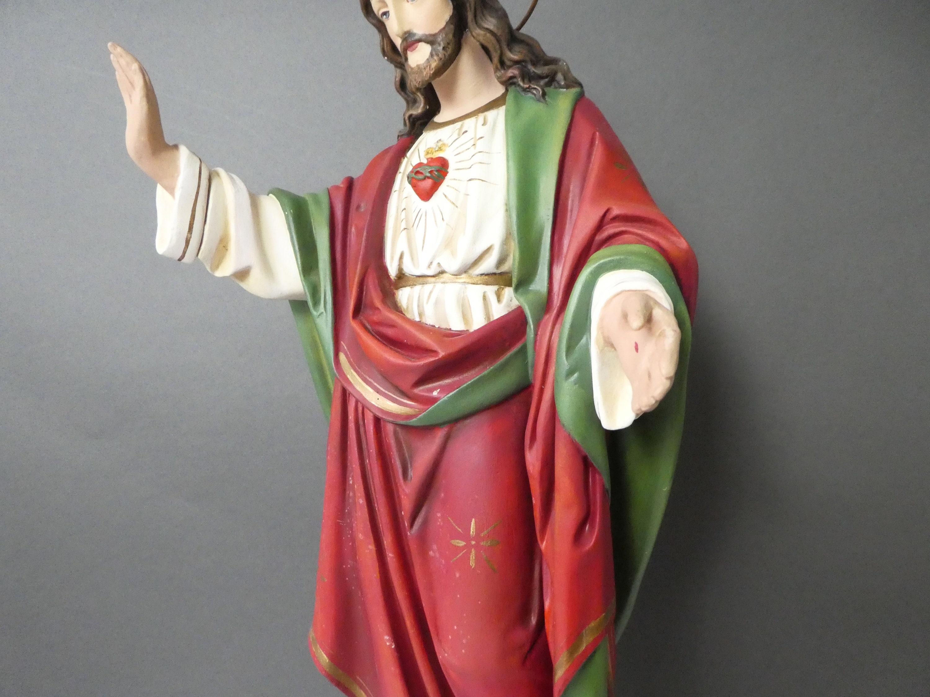 Tall Jesus Sacred Heart Signed Religious Statue With Halo, 1930's ...