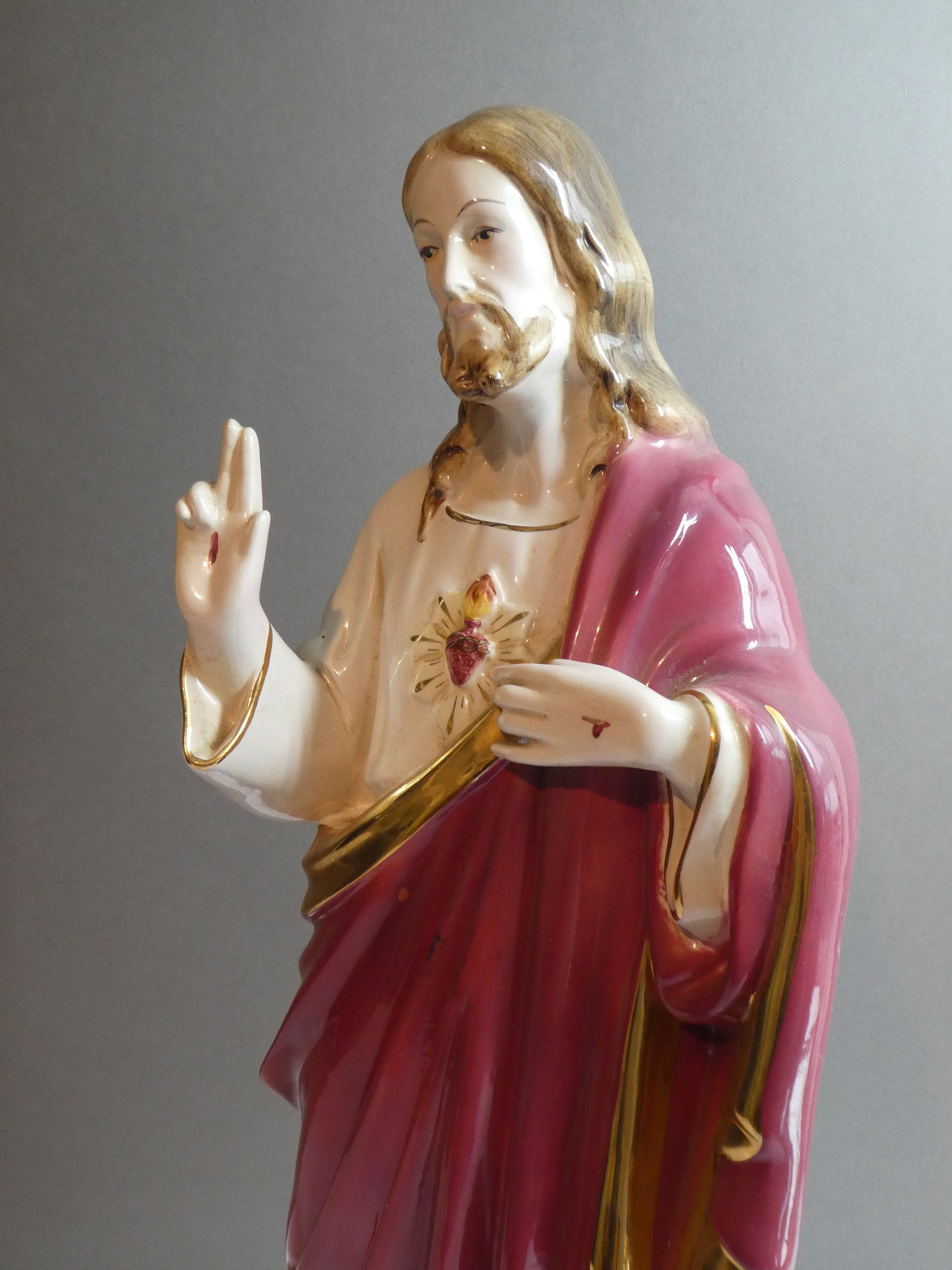 Porcelain Glazed Jesus Sacred Heart Signed Religious Statue, 1960's ...