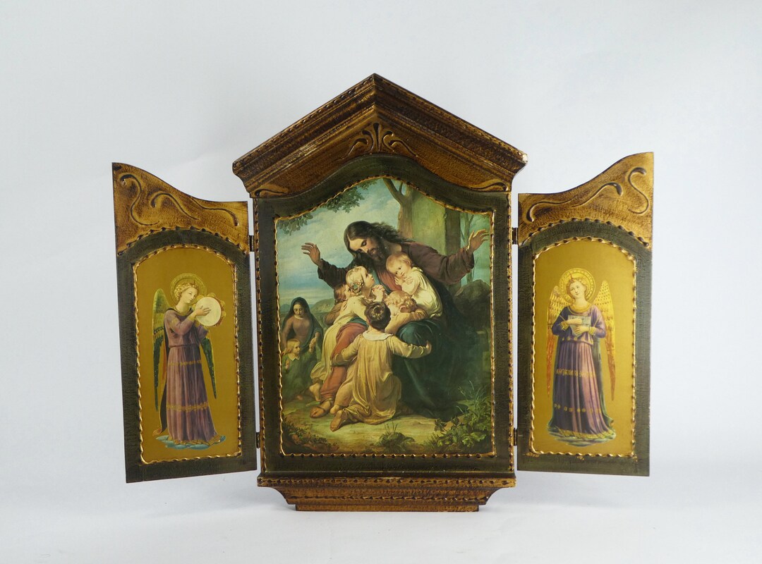 Large Vintage Golden Triptych Icon of Jesus With Children and Archangels, Florentine Travel Icon ...