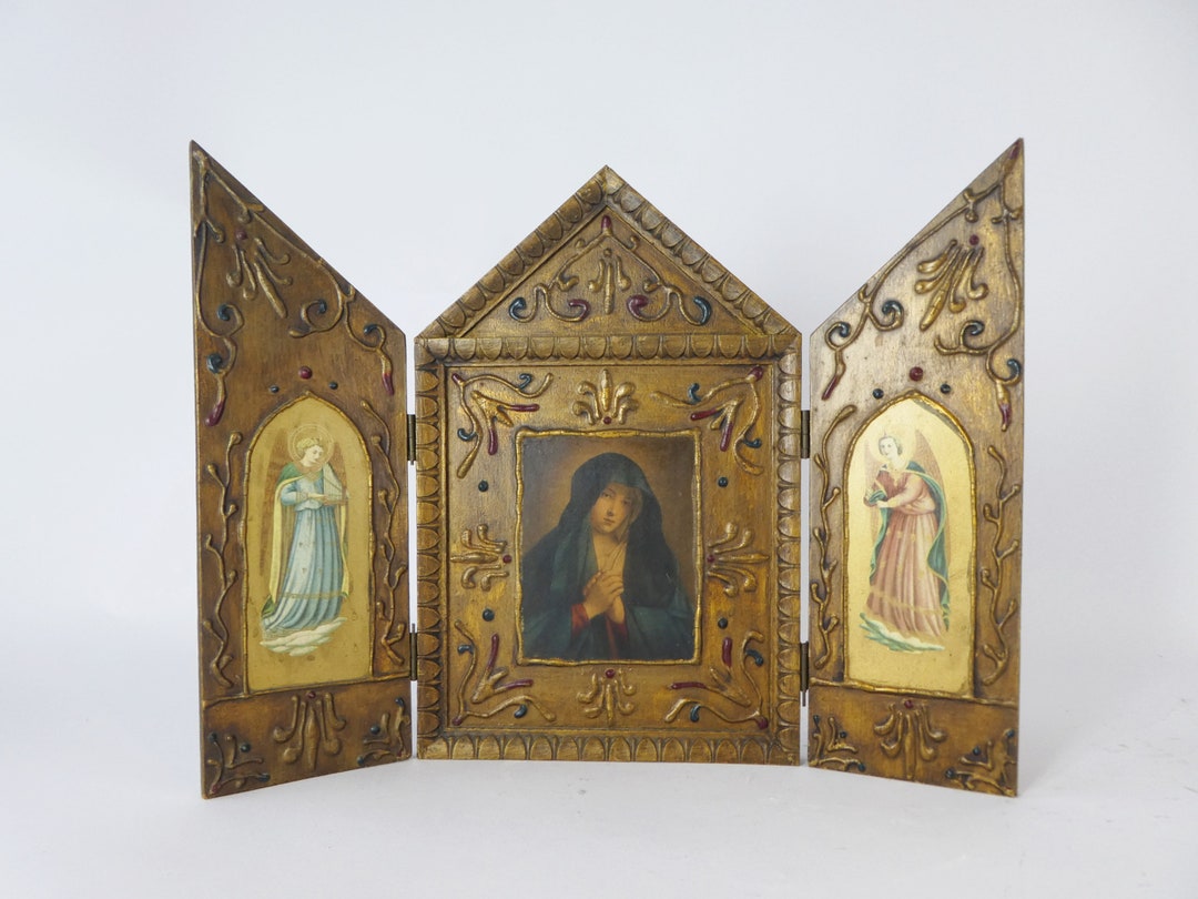 Religious Florentine Vintage Triptych, Virgin Mary With Archangels Traveling Icon, Colorful ...