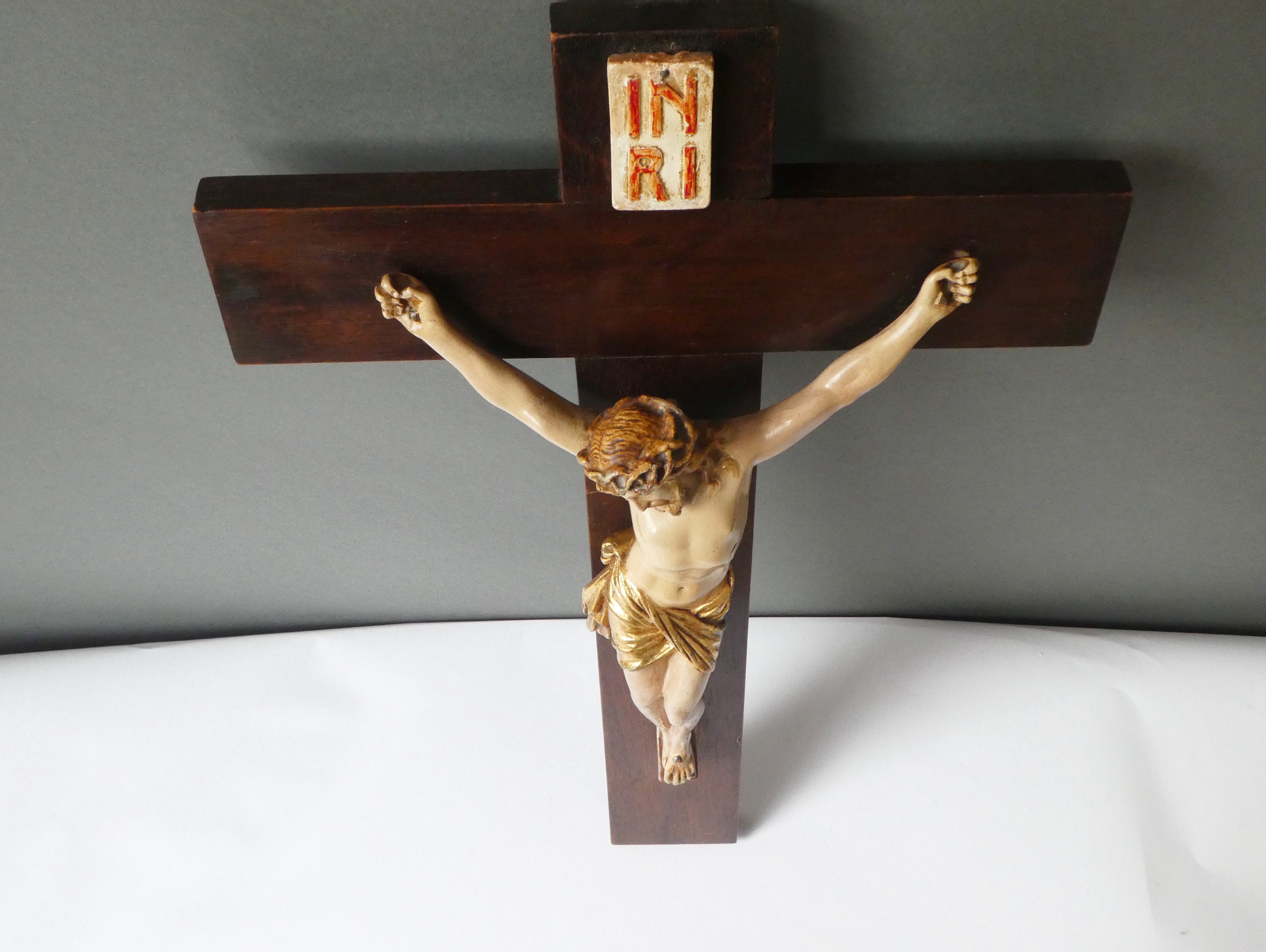 Antique Wooden Crucifix With Golden Details, Beautiful Cross Jesus Christ Hand Painted ...