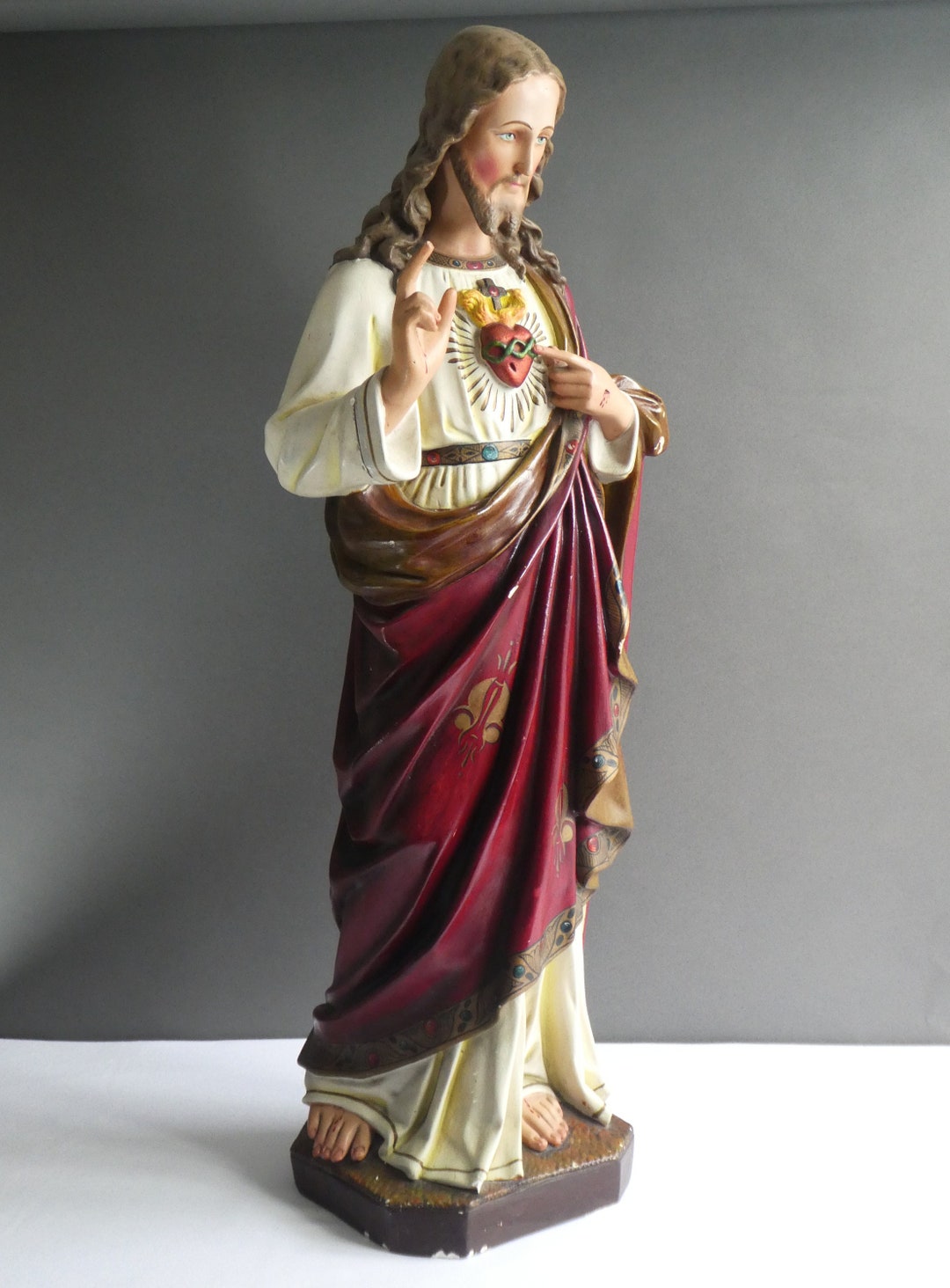 Stunning Extra Large Statue Jesus Sacred Heart, 33.5'' Polychrome ...