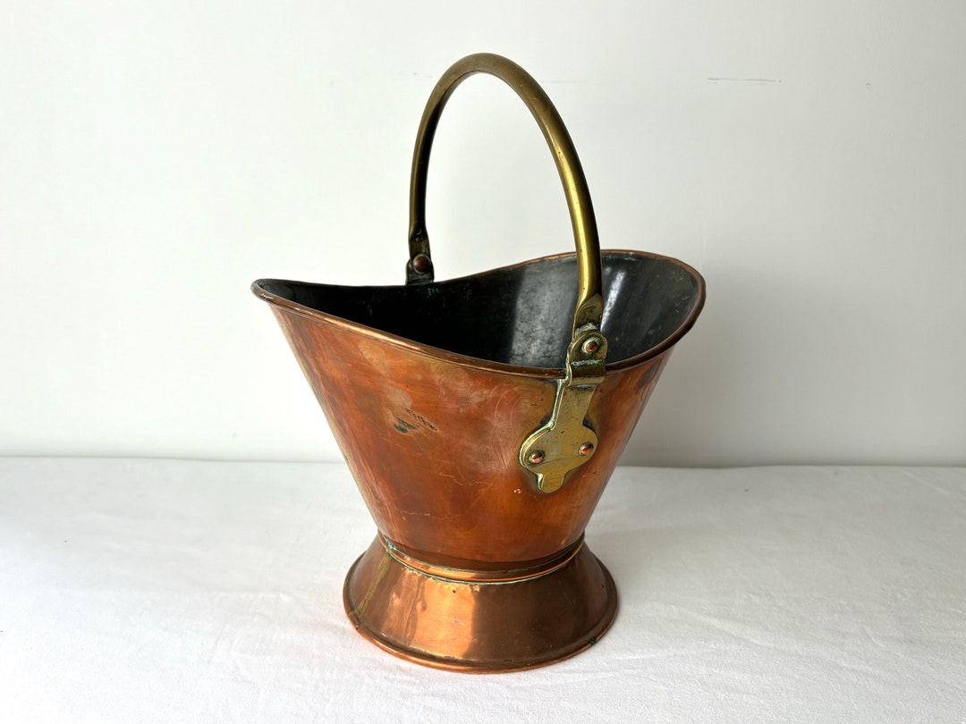 Vintage French Copper Brass Ceramic Coal Shuttle, Old Fireplace Decor ...
