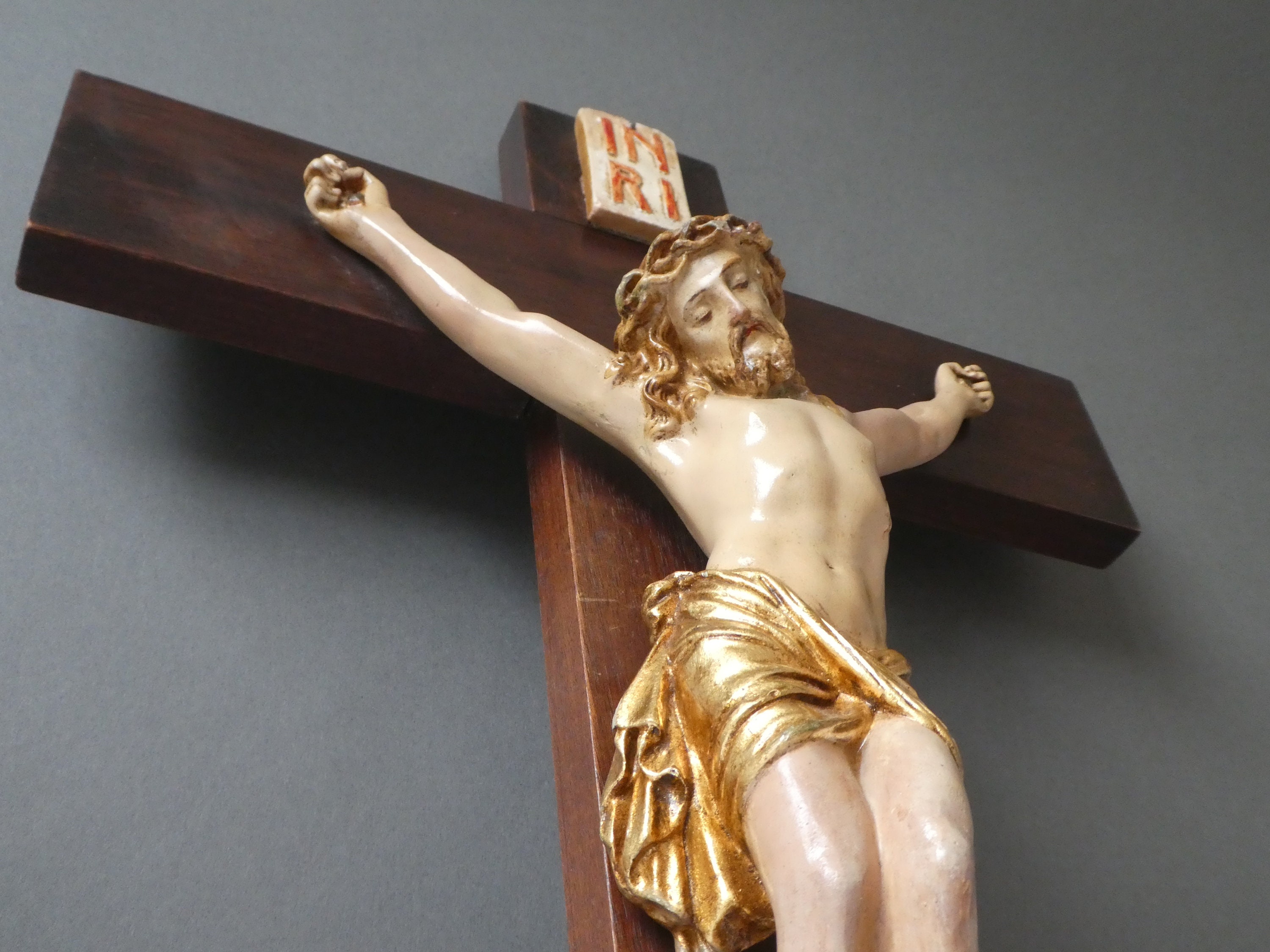 Antique Wooden Crucifix With Golden Details, Beautiful Cross Jesus Christ Hand Painted ...