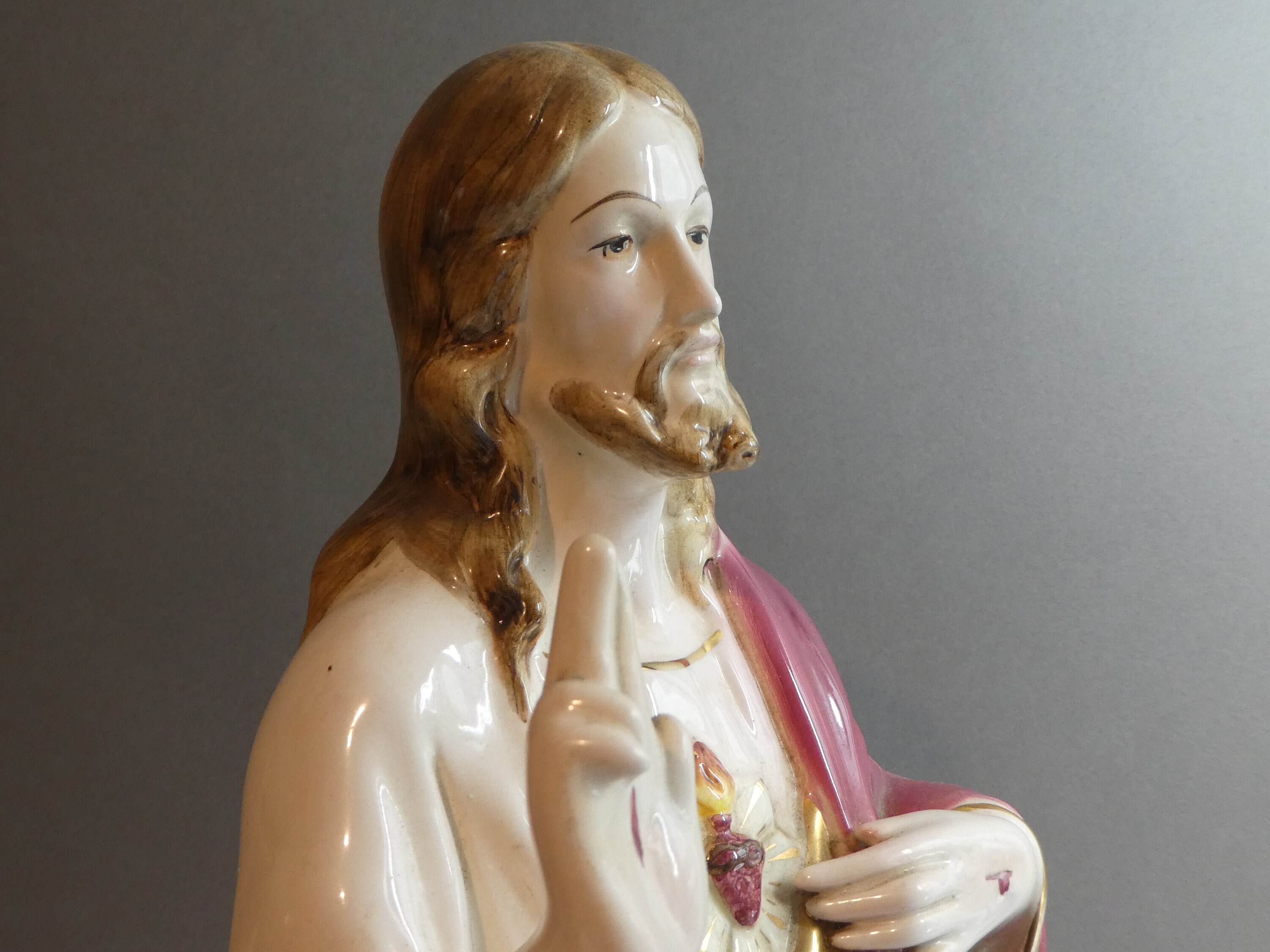 Porcelain Glazed Jesus Sacred Heart Signed Religious Statue, 1960's ...