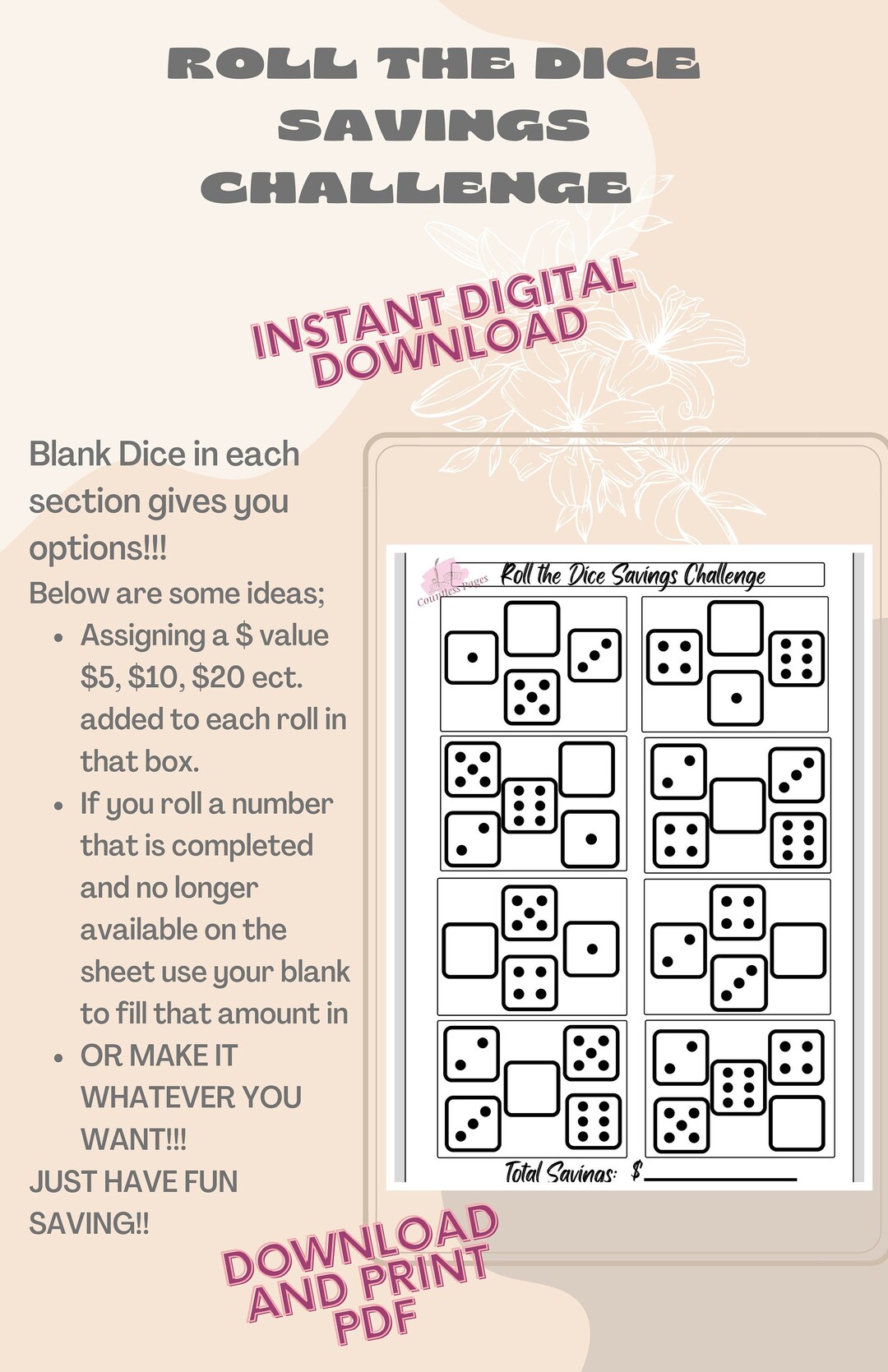 Roll the Dice Savings Challenge INSTANT DOWNLOAD - Etsy