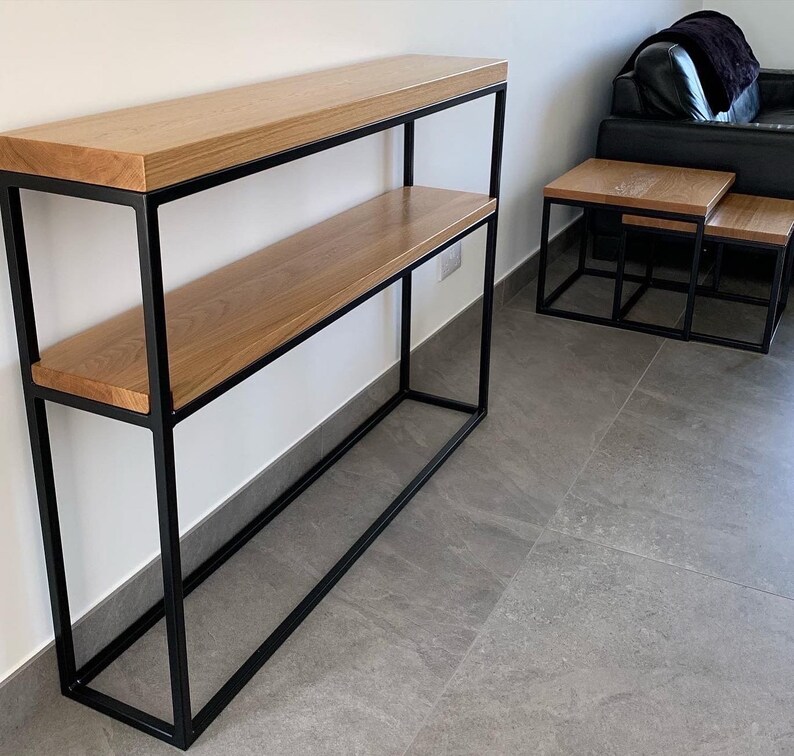 Solid Oak Dual Shelf Console Table Handmade Black Steel Frame - Etsy