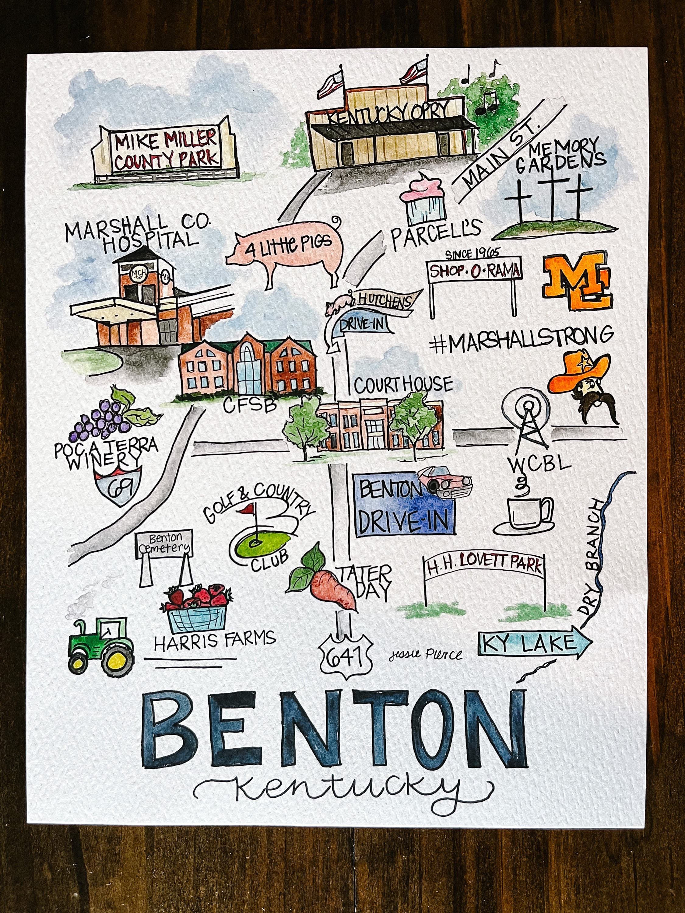 Benton KY Map, Doodle Map, KY Print, Watercolor Art Print, Kentucky ...