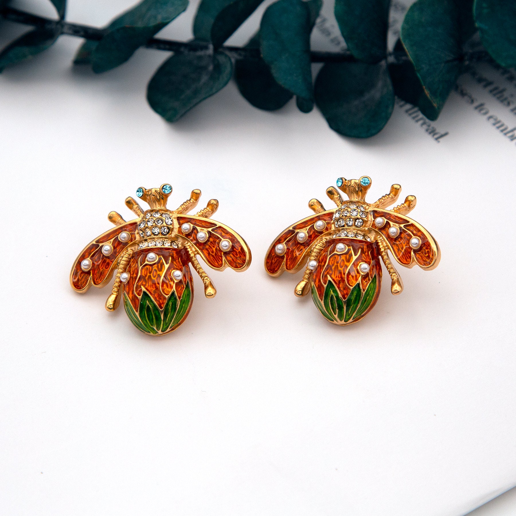 Bee Earrings 14k Gold Plated Earrings Insect Earrings Vintage Earrings ...