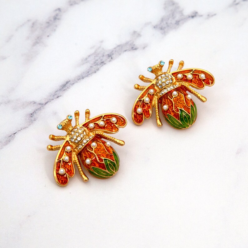 Bee Earrings 14k Gold Plated Earrings Insect Earrings Vintage Earrings ...