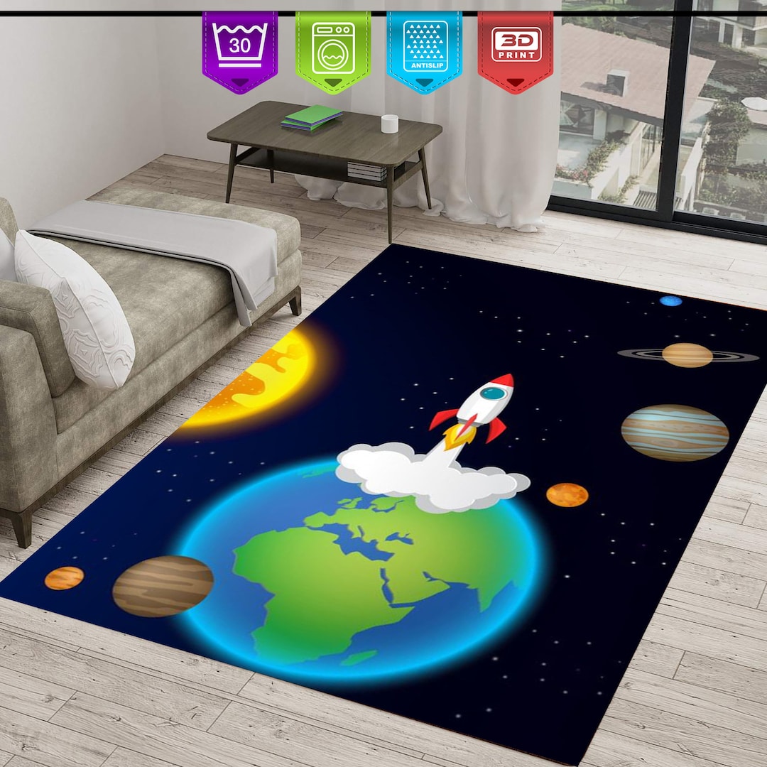 Space -rocket-planet Design Kids Room Rug, Amazing Rug, Living Room Rug ...