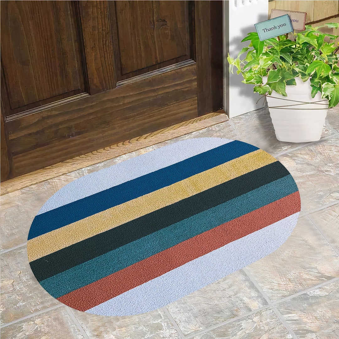 Striped Blue-grey Doormat: Abstract Oval Welcome Mat - Etsy