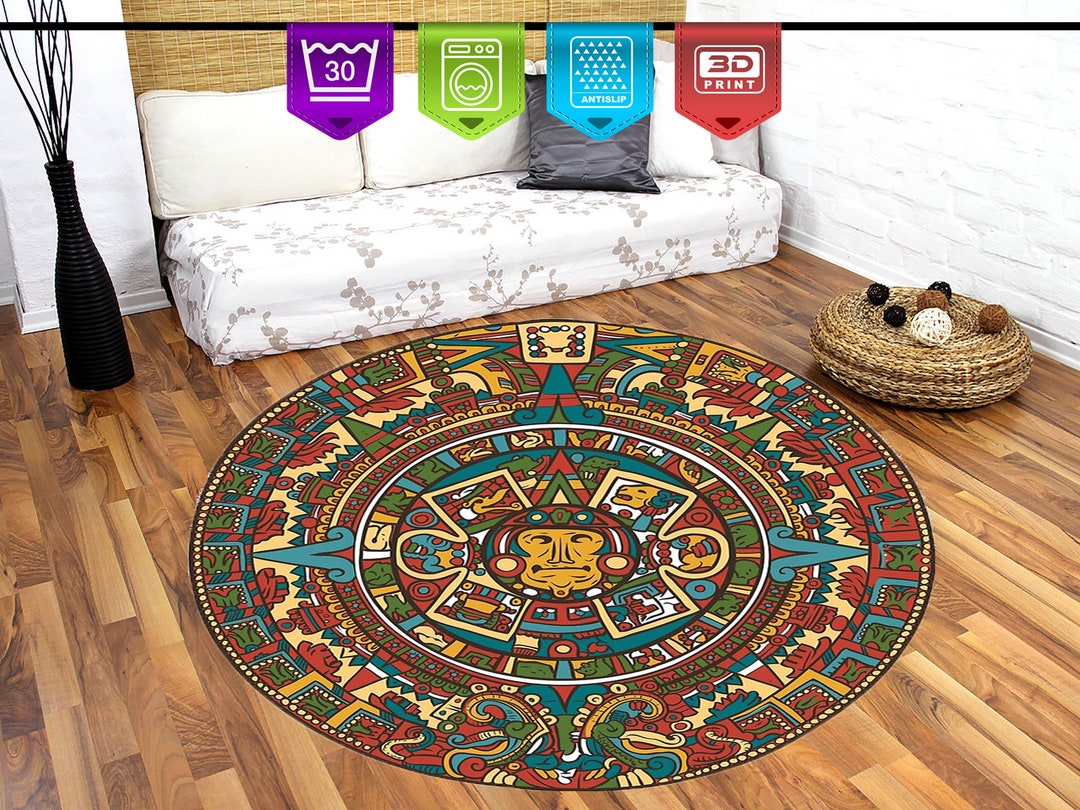 Aztec Colorfull Calender Rug, Mexica Calendar Round Rug, Sun Stone ...