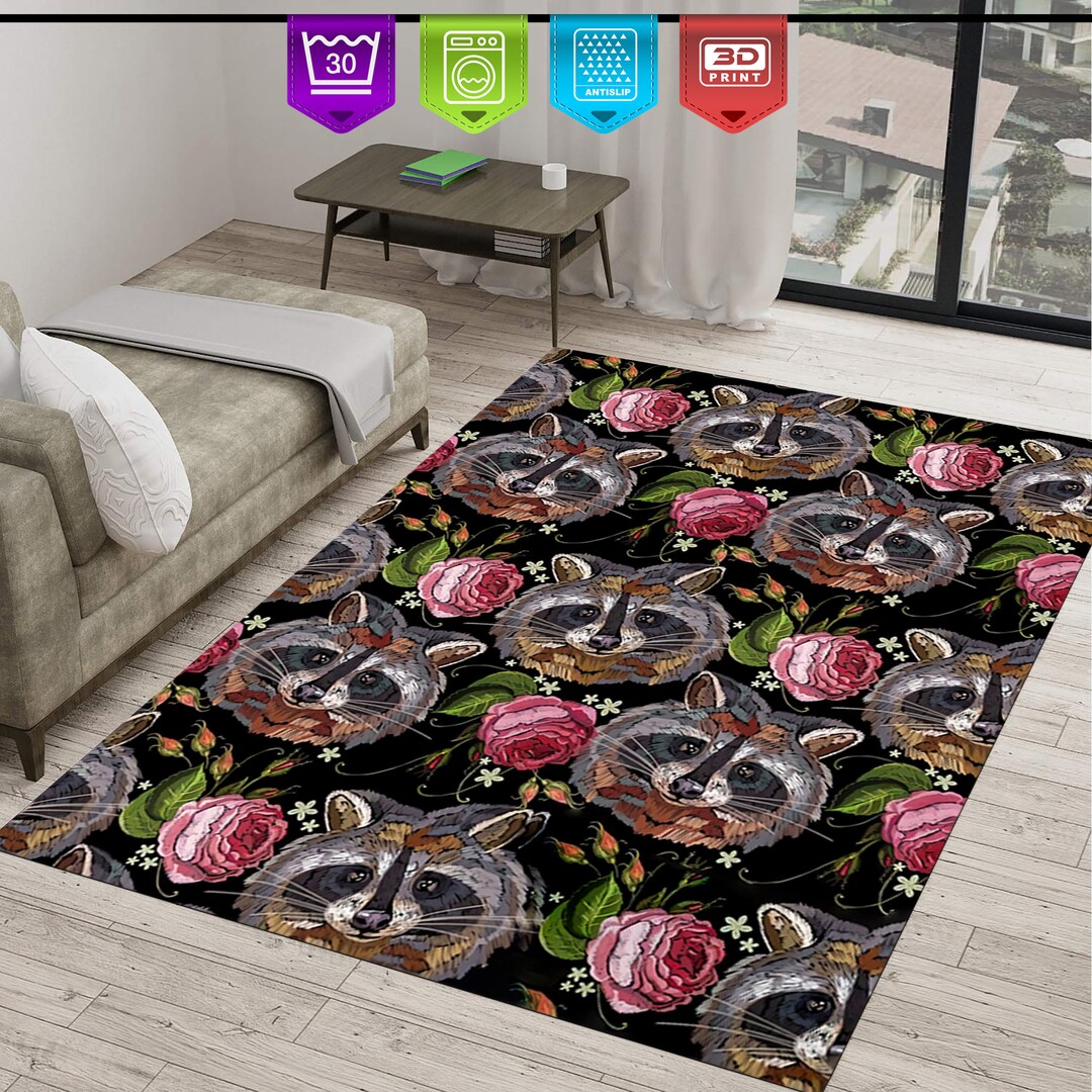 Raccoon Rug,flowers Pattern,aesthetic Rug,animals Rug,raccoon Pattern ...