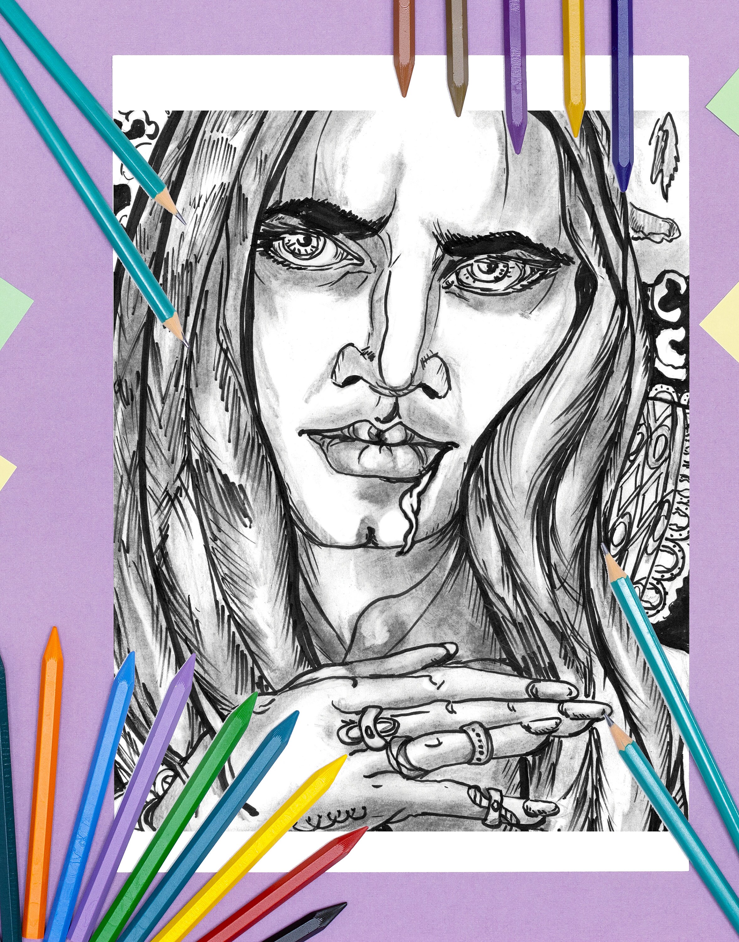Art And Collectibles Adult Coloring Page Grayscale Vampire Portrait