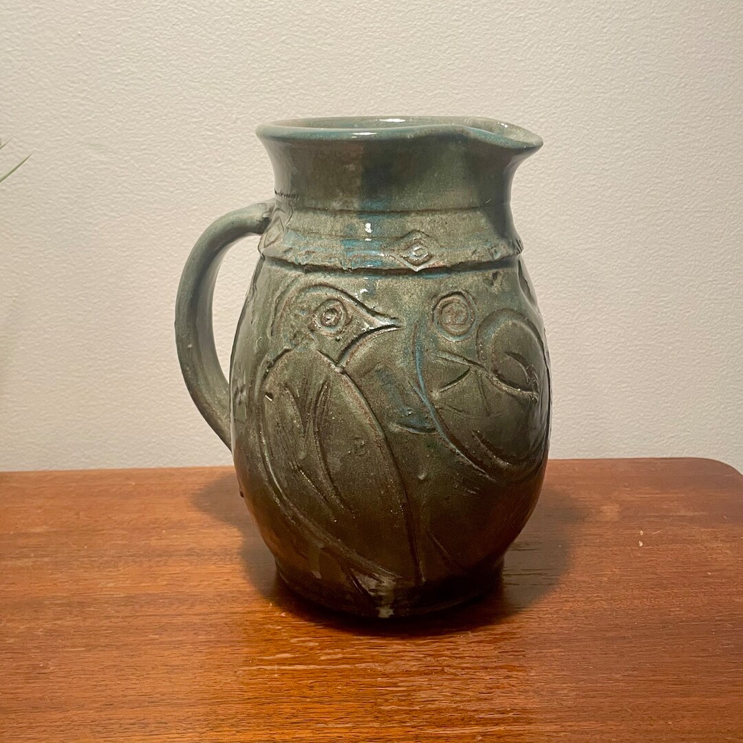 Signed Redware Glazed Pottery Pitcher 8.5” Handmade Bird Design - Etsy