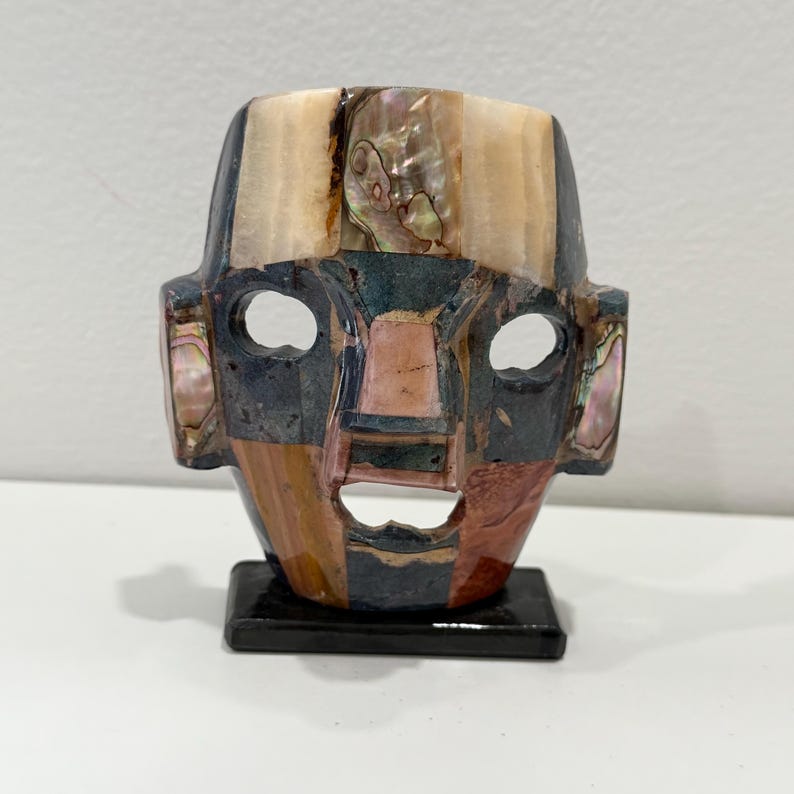 Mayan Death Mask, Mosaic Clay and Abalone Shell, Aztec Folk Art, 4 ...