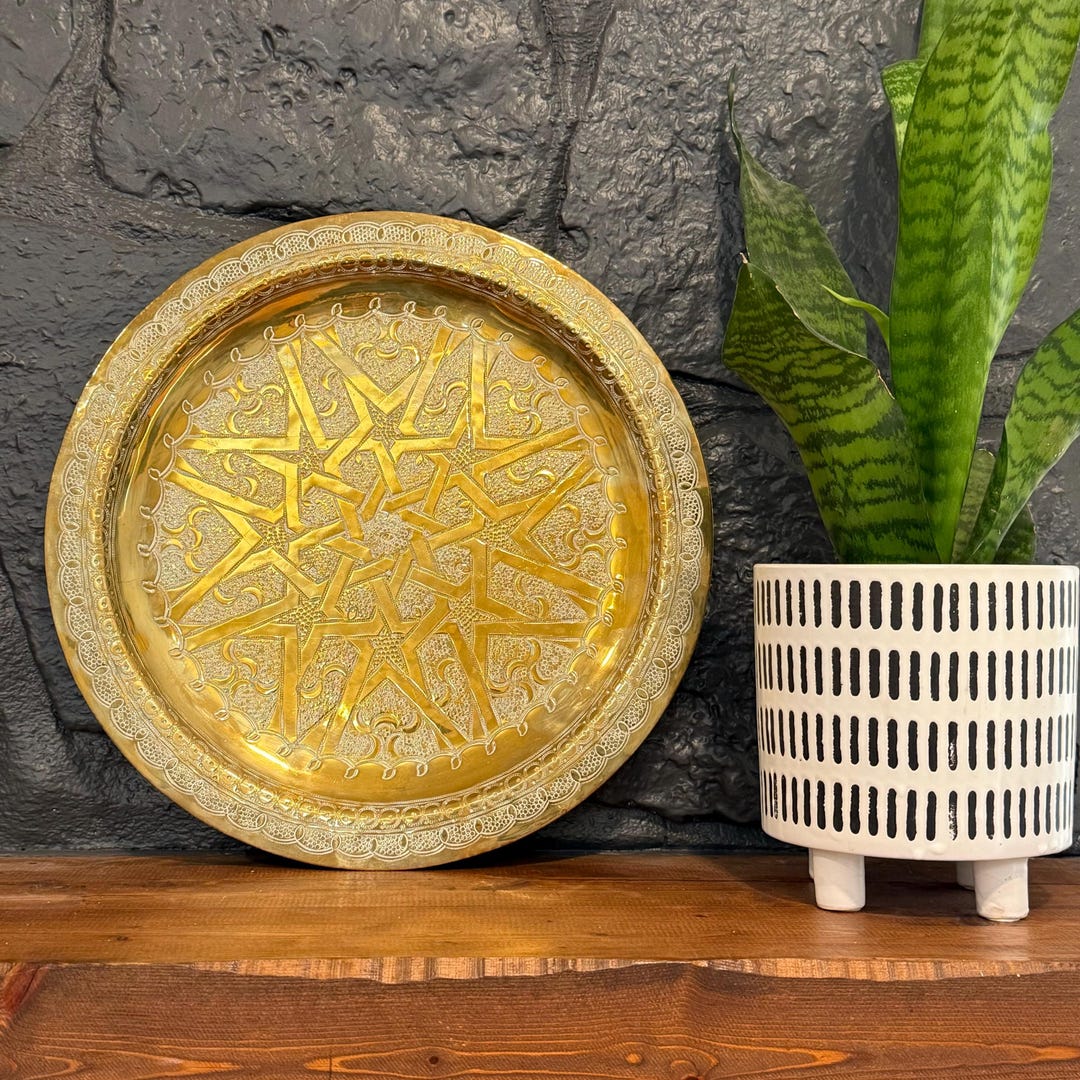 Vintage Large 13.5 Etched Brass Arabic Tray With Geometric Star Design ...