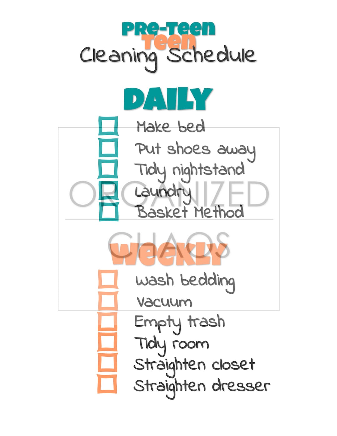 Pre-teen/teen Cleaning Schedule - Etsy