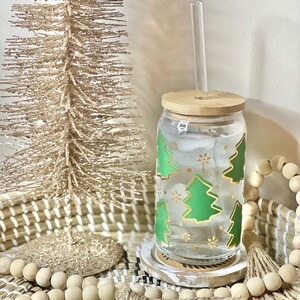 Christmas Trees Glass Can Winter Glass Cup Iced Coffee Glass Christmas ...