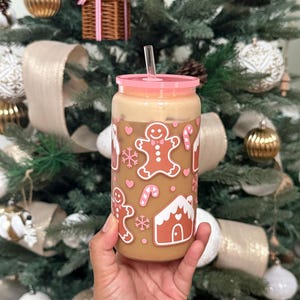 Pink Christmas Gingerbread Glass Cup, Beer Can Glass, Iced Coffee Glass ...