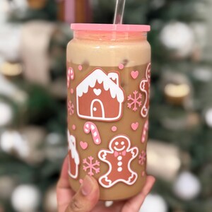 Pink Christmas Gingerbread Glass Cup, Beer Can Glass, Iced Coffee Glass ...