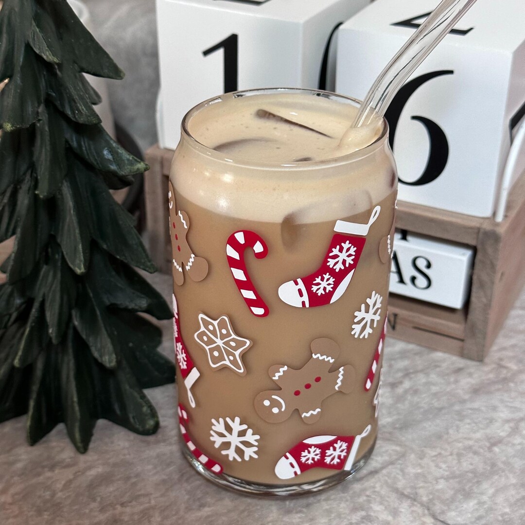 Christmas Gingerbread Glass Cup, Beer Can Glass, Iced Coffee Glass Can ...