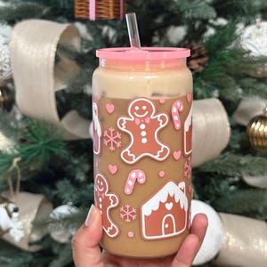 Pink Christmas Gingerbread Glass Cup, Beer Can Glass, Iced Coffee Glass ...