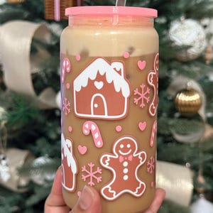 Pink Christmas Gingerbread Glass Cup, Beer Can Glass, Iced Coffee Glass ...