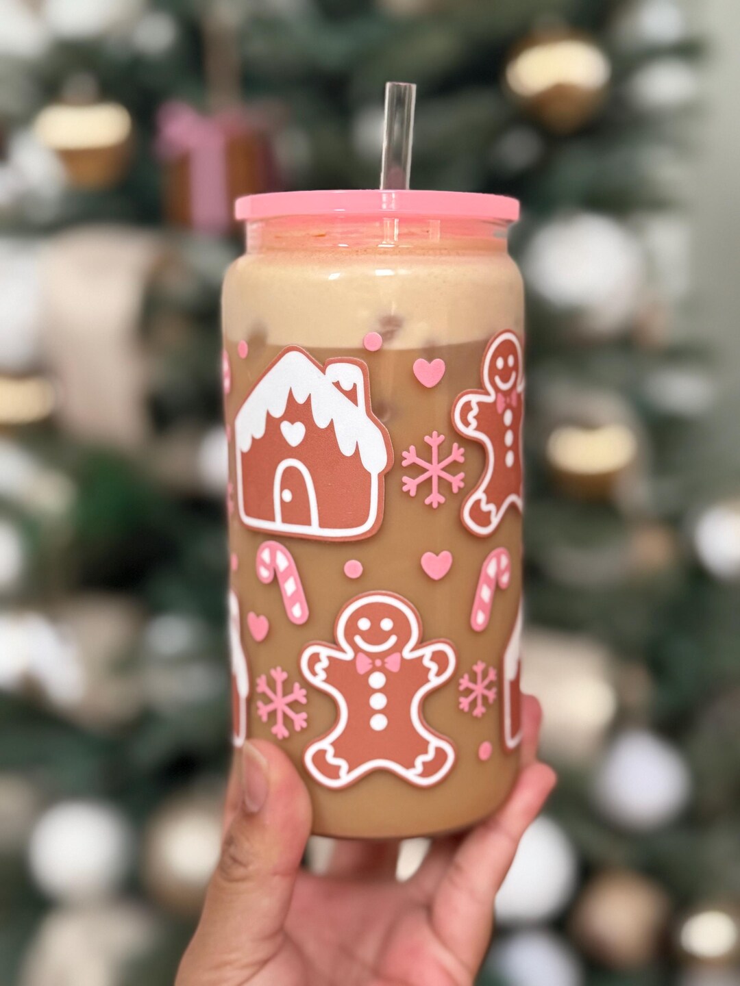 Pink Christmas Gingerbread Glass Cup, Beer Can Glass, Iced Coffee Glass ...