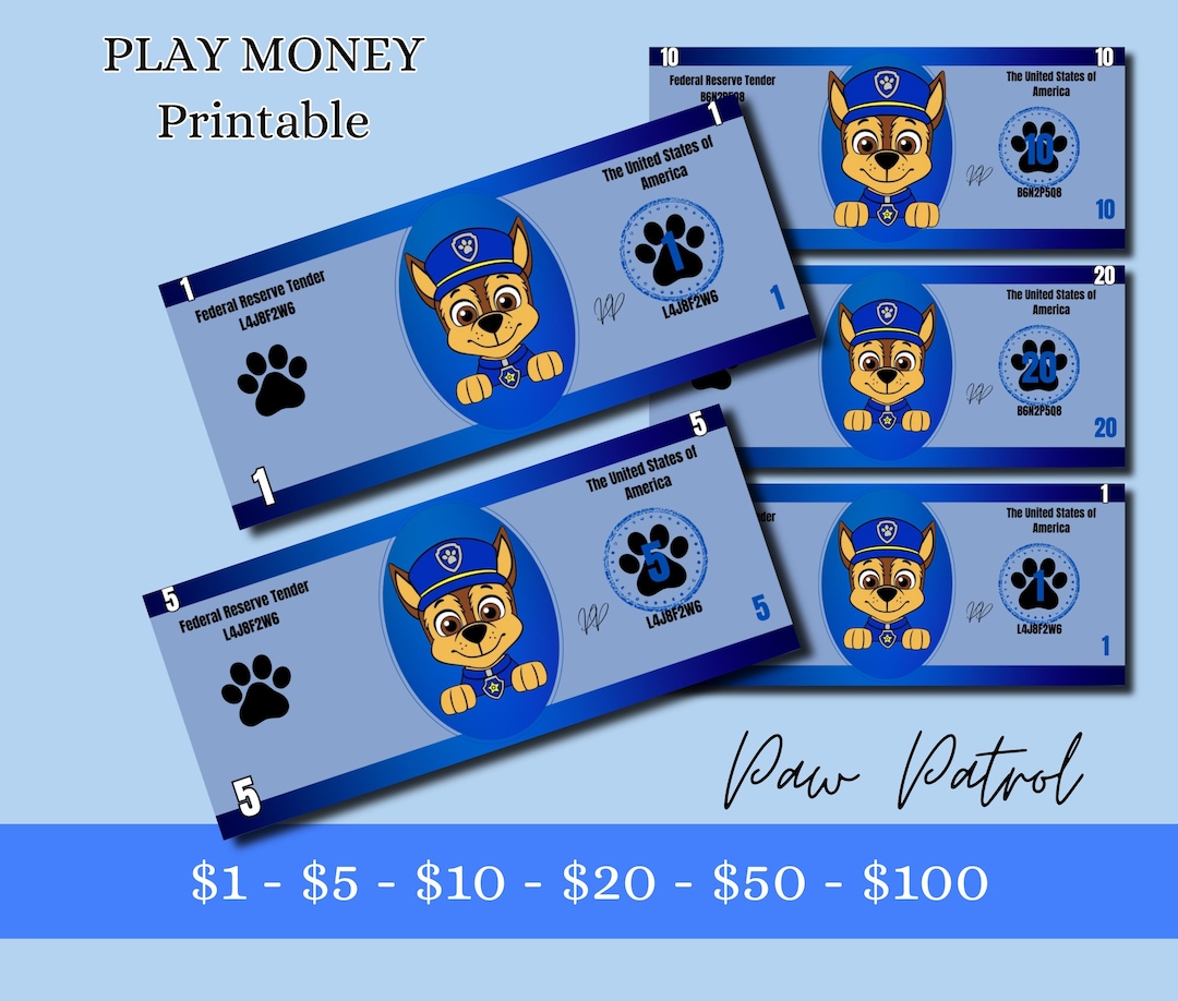 Paw Patrol Printable Pretend Money Prop Cash Happy Birthday Instant ...