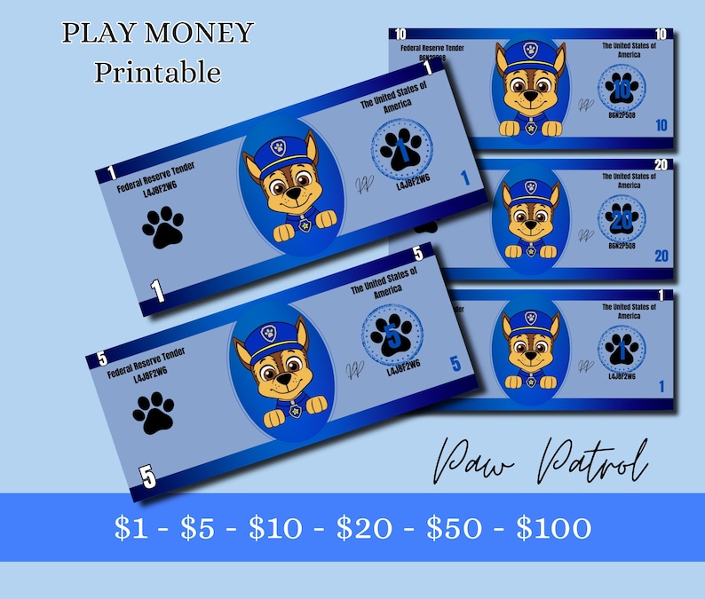 Paw Patrol Printable Pretend Money Prop Cash Happy Birthday Instant ...