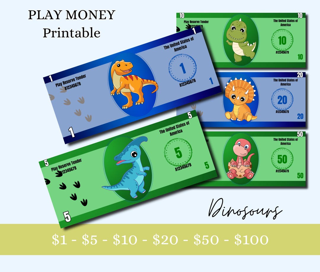 Dino Activities Play Money Printable Valentines Digital Downloads Easy ...