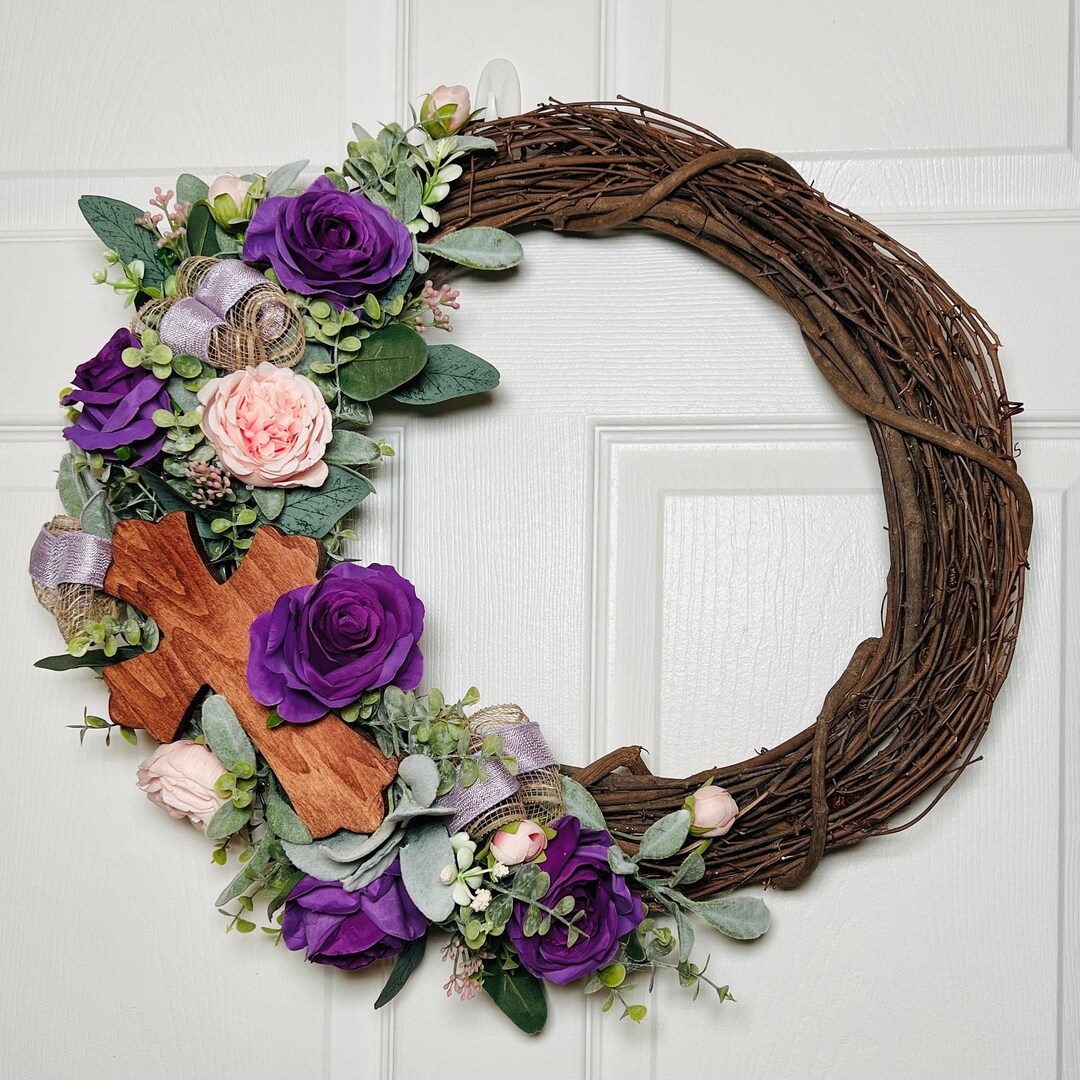 Elegant Easter Lent Grapevine Door Wreath With Cross Decoration ...
