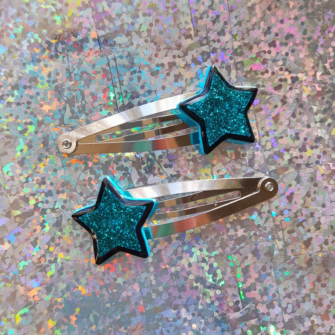 Teal Glitter Stars Hair Snap Clips // Decora Kawaii Cute Handmade ...
