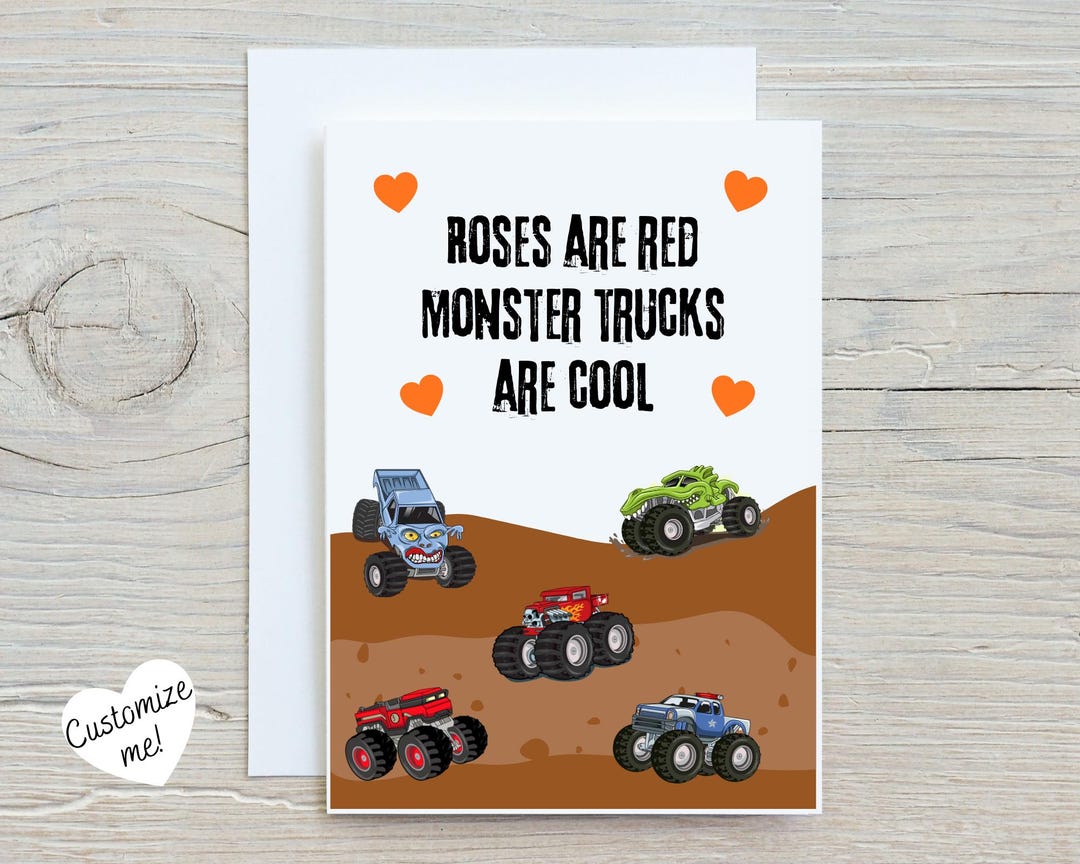 Monster Truck Valentine's Day Card | Custom Cards for Boys | Roses Are ...