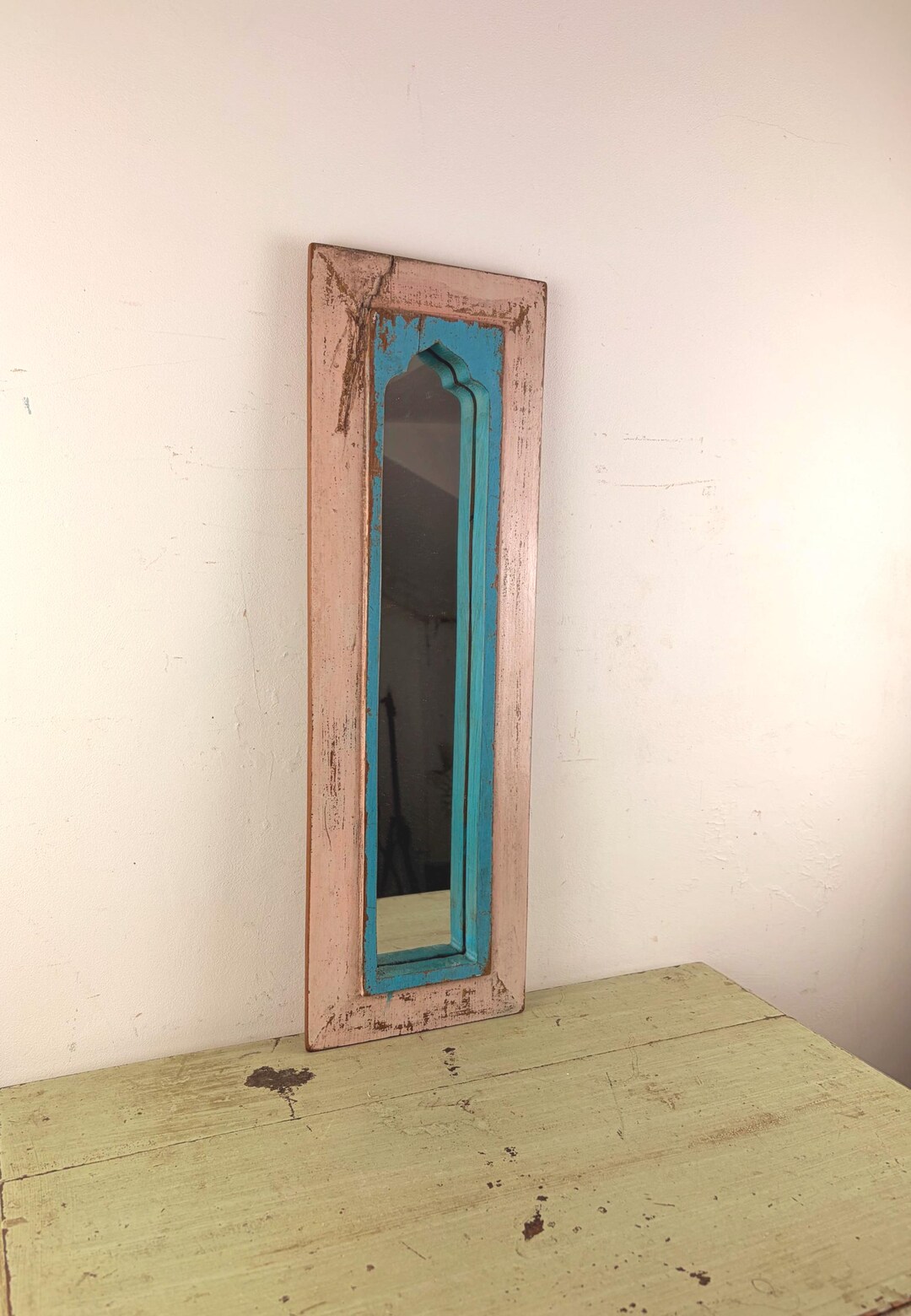 Indian Vintage Hand Painted Tall Panel Mihrab Mirror - Pink & Turquoise ...