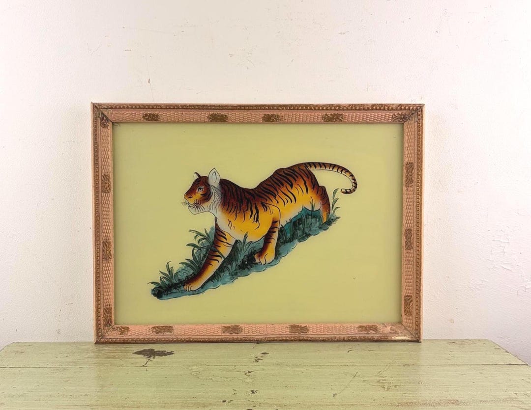Large Indian Reverse Glass Painting - Tiger in Frame - Etsy