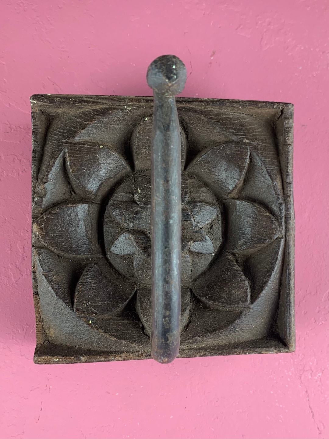 Indian Reclaimed Hand Painted Carved Vintage Flower Hook - Dark Wood ...