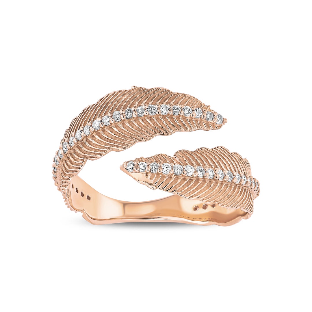 Leaf Shape Ring With Diamonds, Adjustable Diamond Ring, 14K Solid Gold ...