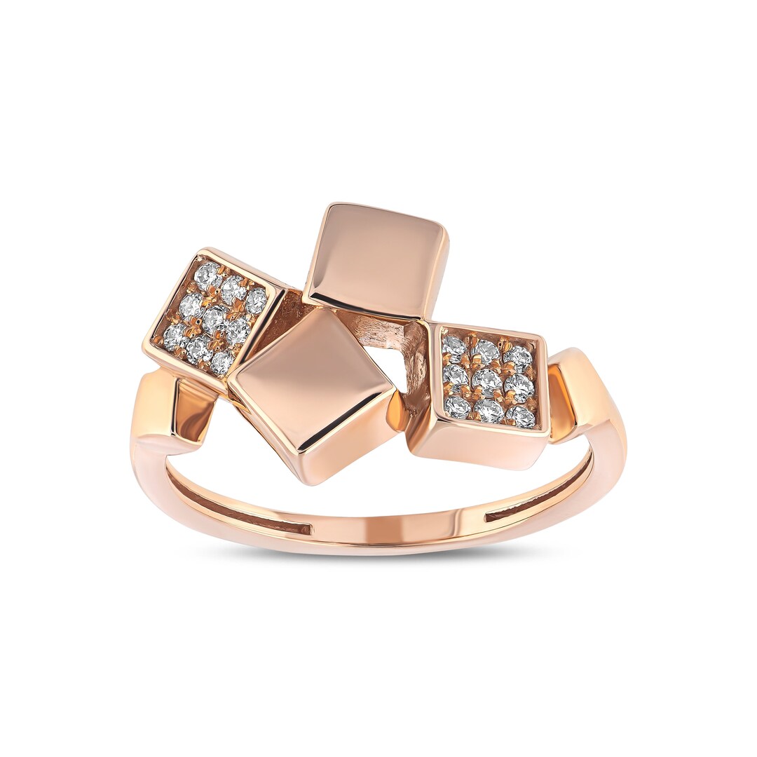 Modern Four Square Diamond Ring / Handmade Gold Engagement Ring / 14K ...