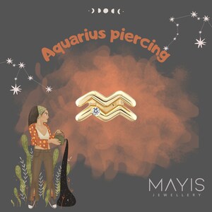 Gold Aquarius Zodiac Sign Piercing With Diamond Accent, Gold Zodiac ...