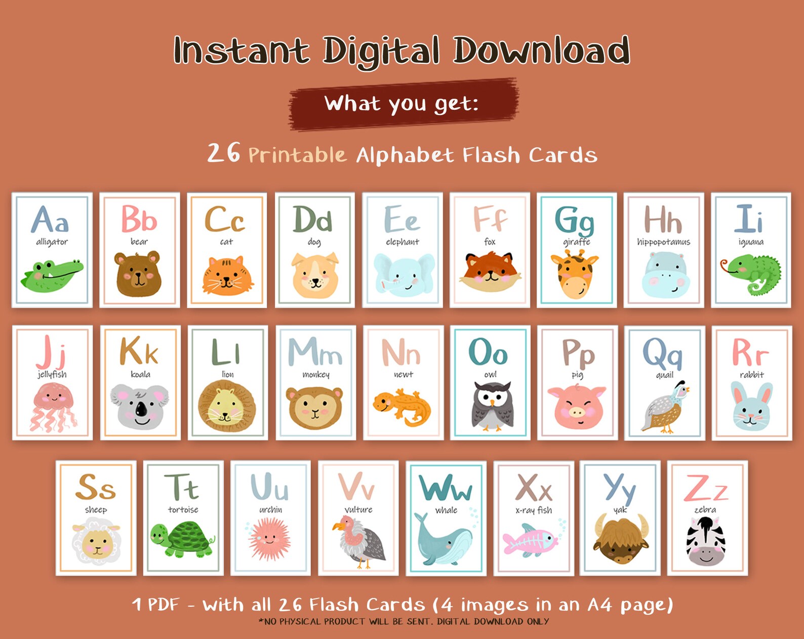 PRINTABLE ABC Flash Cards Animal Alphabet Printable Wall Art | Etsy