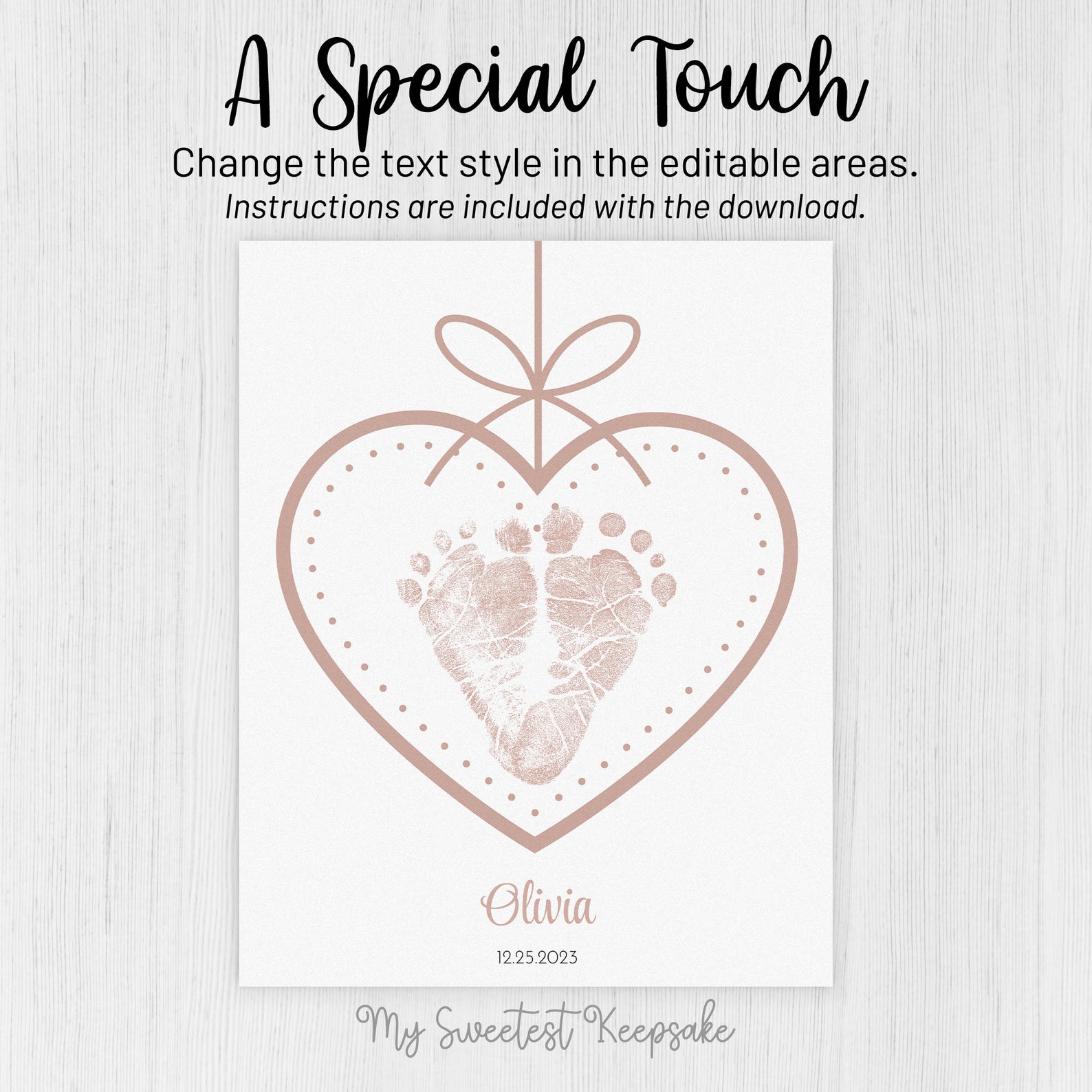 Printable Nursery Baby Footprint Keepsake Frame | Heart Footprint Gift ...