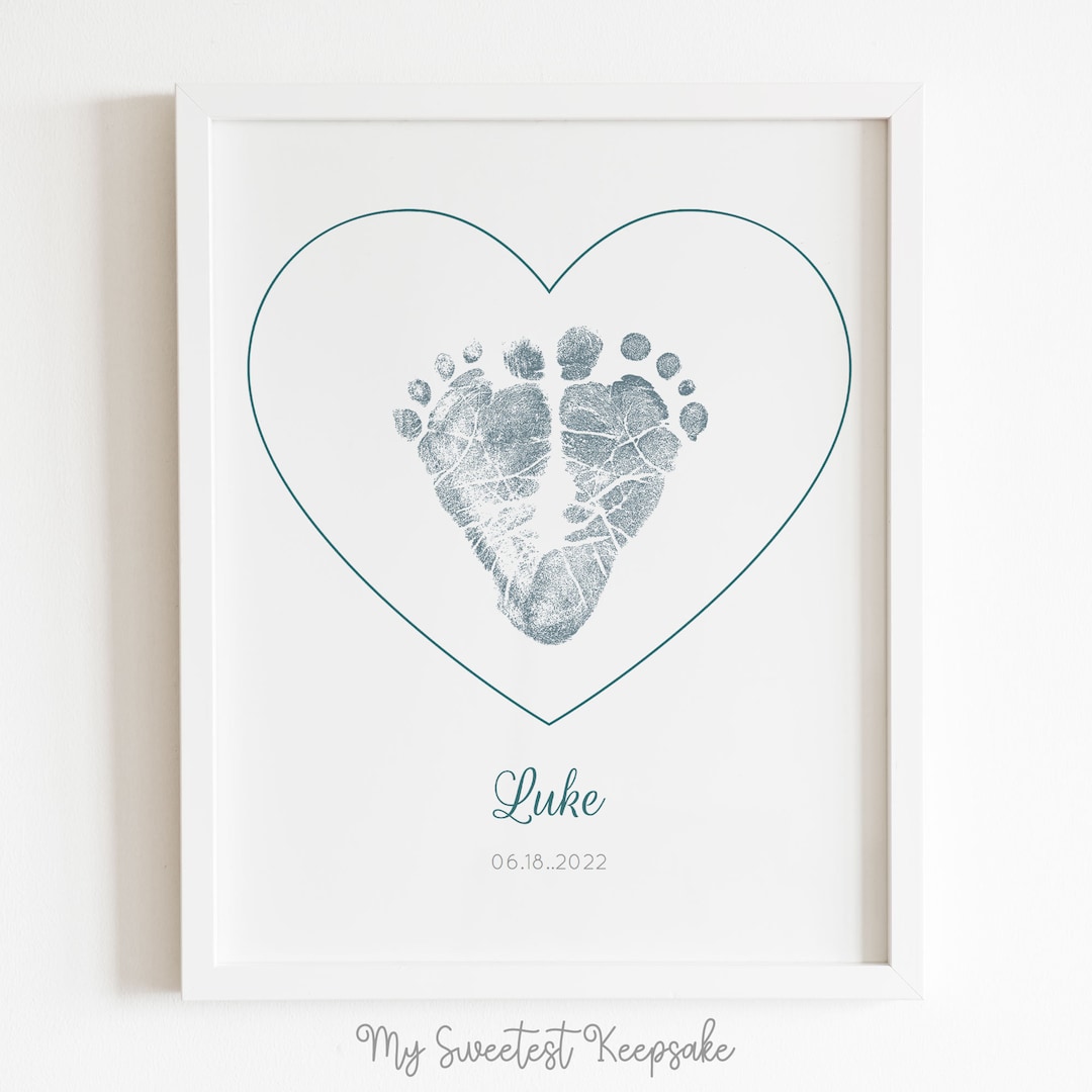 Printable Blue Heart Baby Footprint Nursery Art | Birthday Gift for Mom ...
