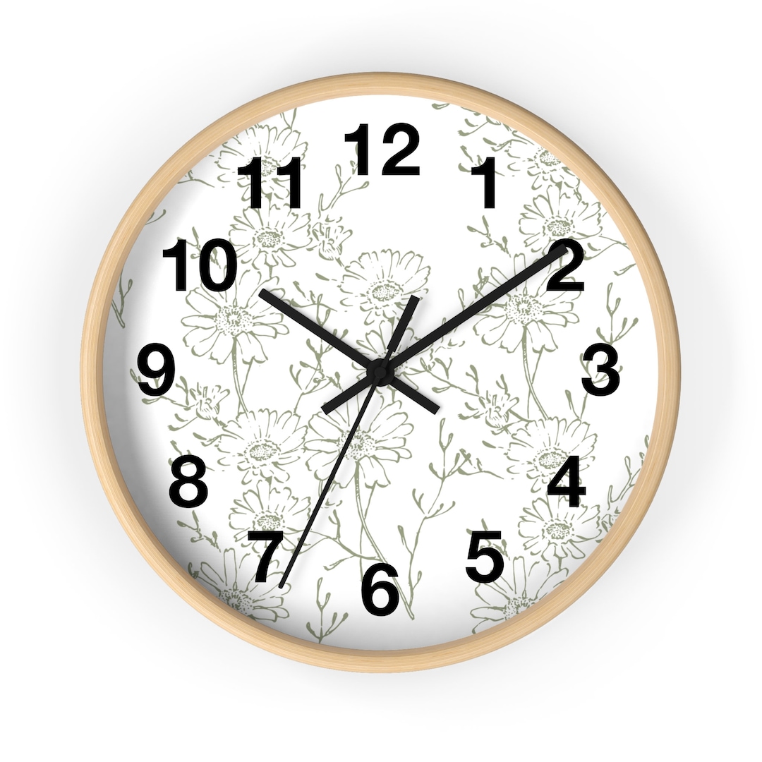 Botanical Clock, Sage Green Wall Clock, Minimalist Clock Wall, Floral ...